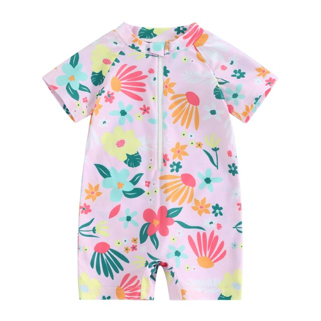 Mevireiy Toddler Girls Rash Guard Swimsuit Zipper Floral Print Sun Protective Swimwear, Pink, 3 ...