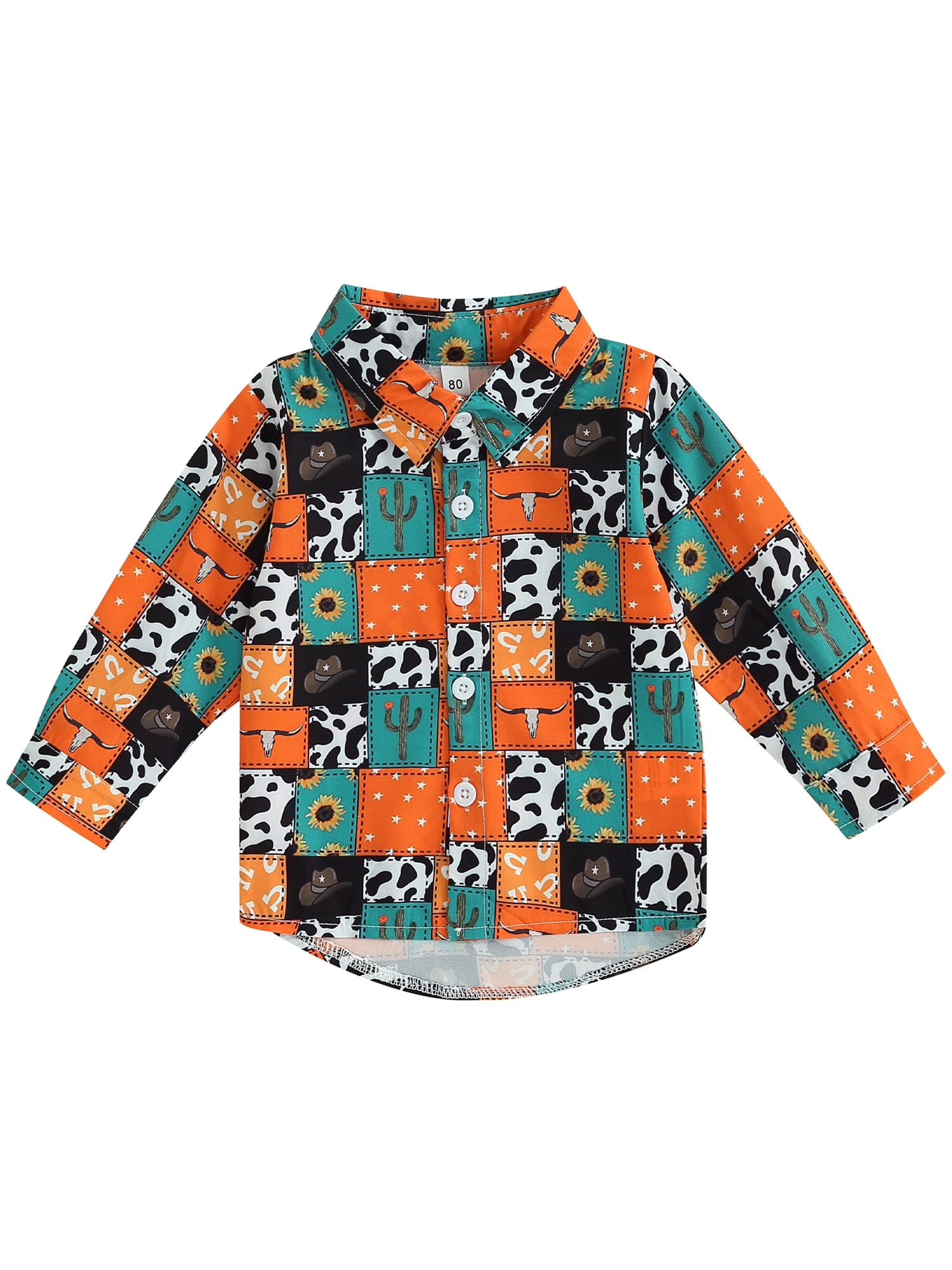 Mevireiy Western Baby Boy Cow Print Shirt Long Sleeve Button Down Lapel Tops Tees Cowboy,Orange ...