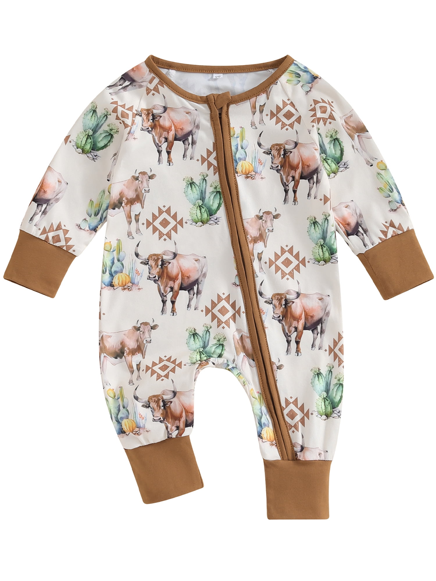 Mevireiy Western Baby Boys Jumpsuit Long Sleeve Cow Print Zip Up Romper Pants Outfits,Beige,6-12 ...