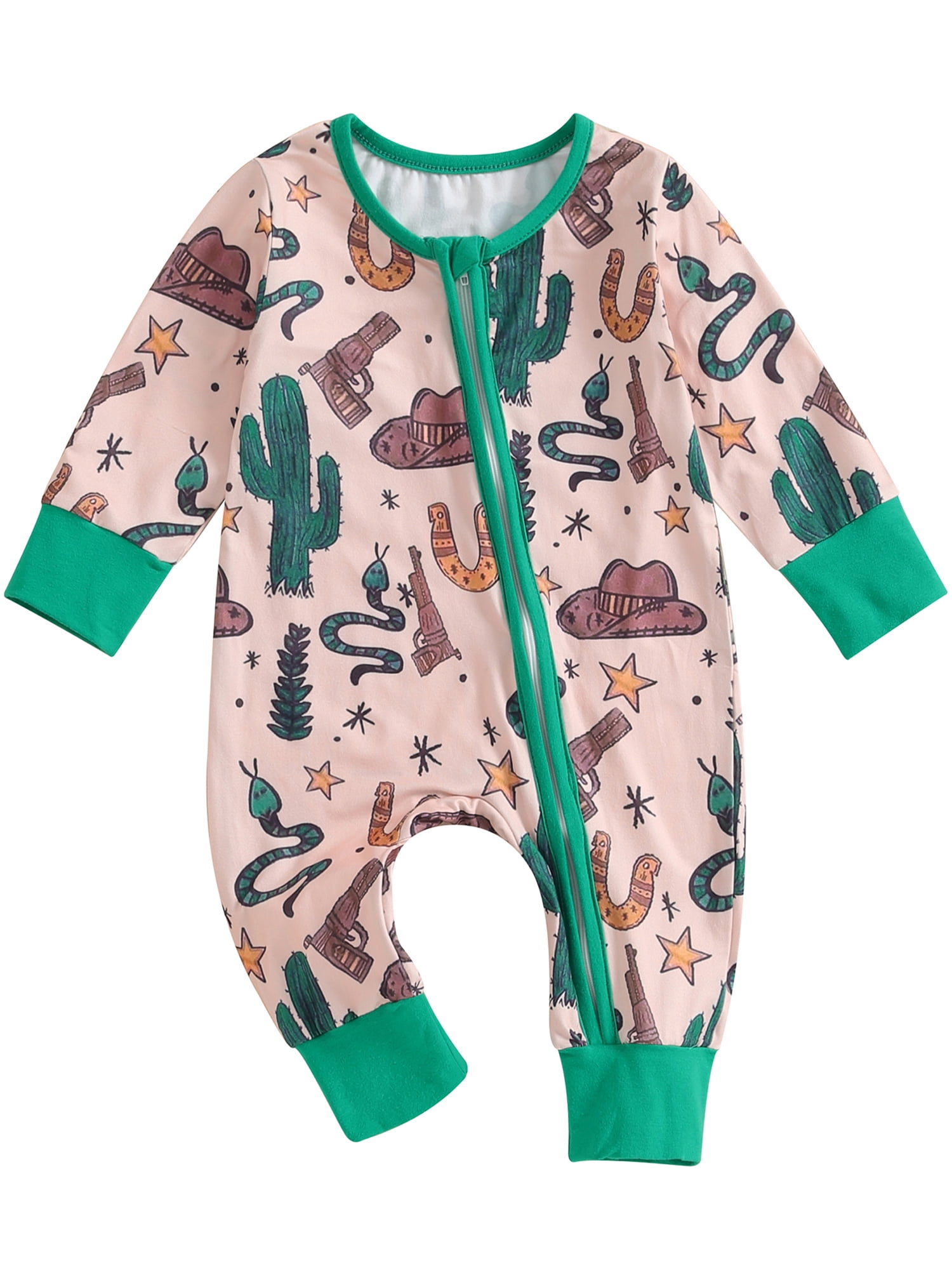 Mevireiy Western Baby Jumpsuit Long Sleeve Romper Cow Print Zip Up Onesie Bodysuit, Green, 0-3 ...