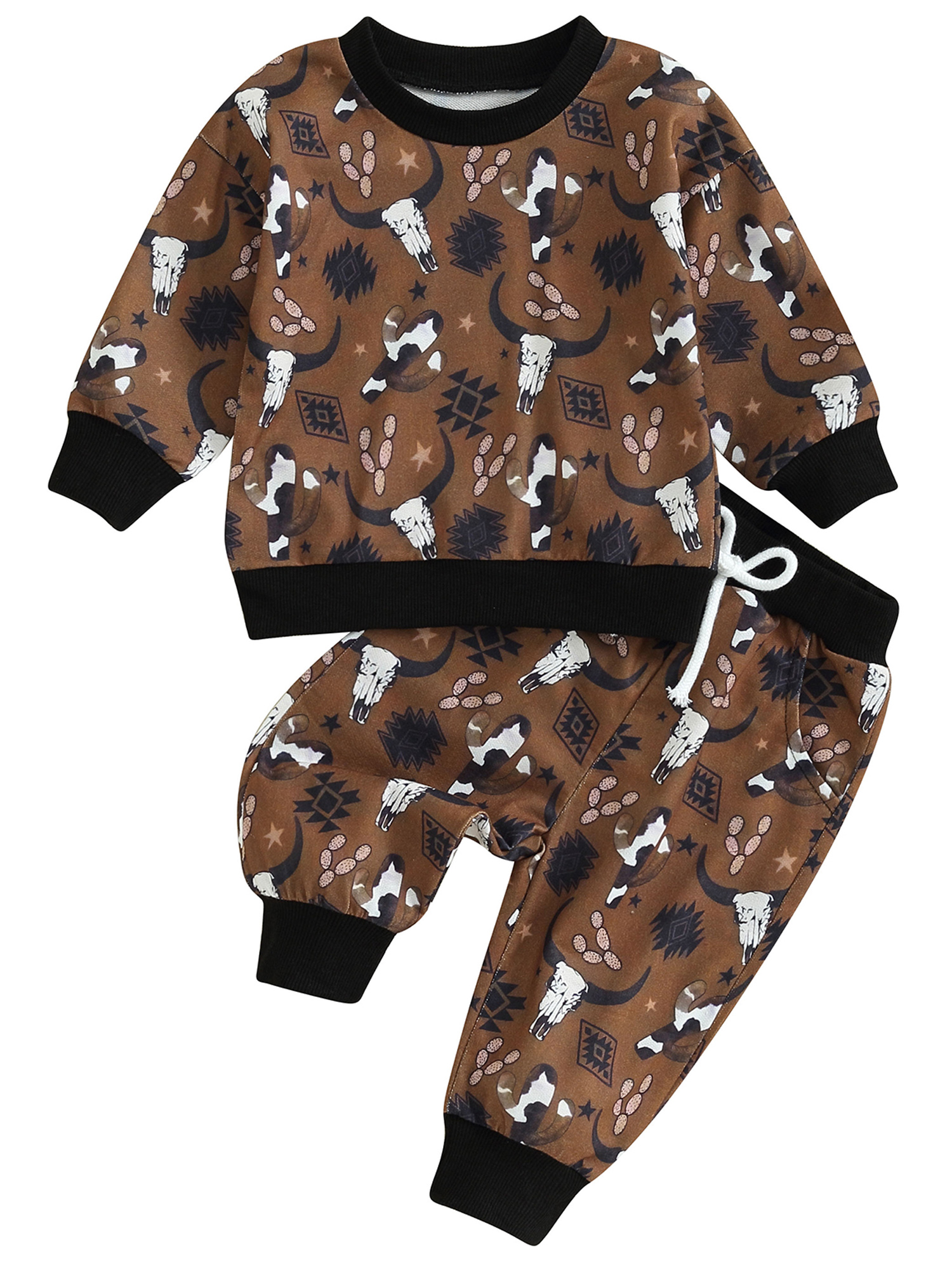 Mevireiy Western Toddler Baby Boy Outfits Cow Print Pullover Tops Drawstring Jogger Pants, Beige ...