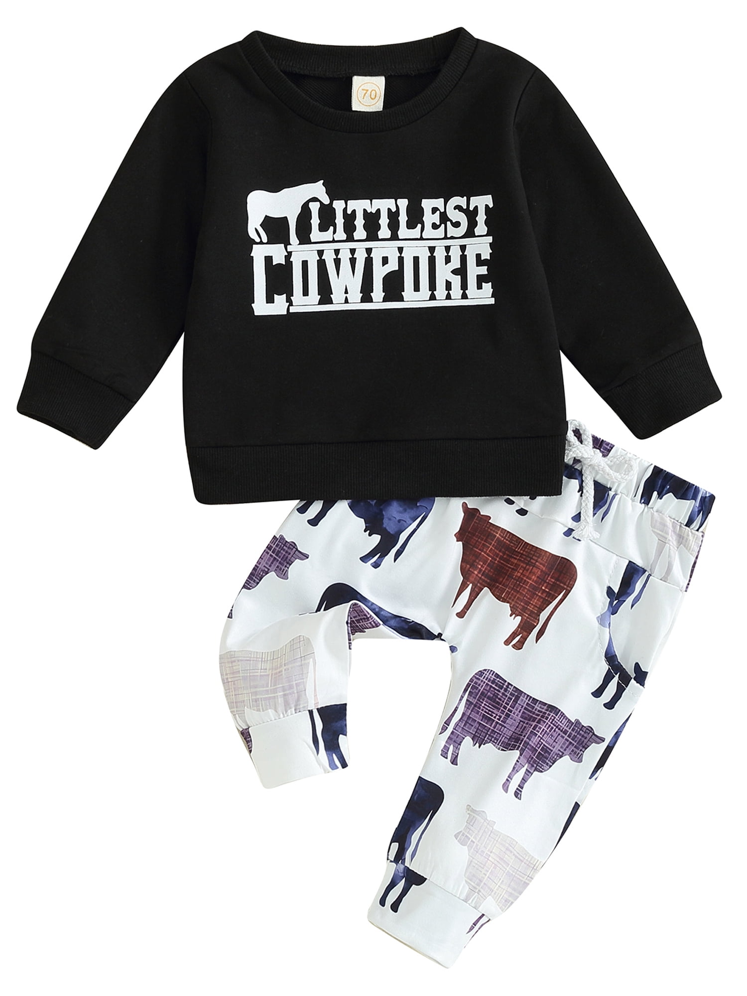 Mevireiy Western Toddler Baby Boy Outfits Cow Print Pullover Tops Drawstring Jogger Pants, Black ...