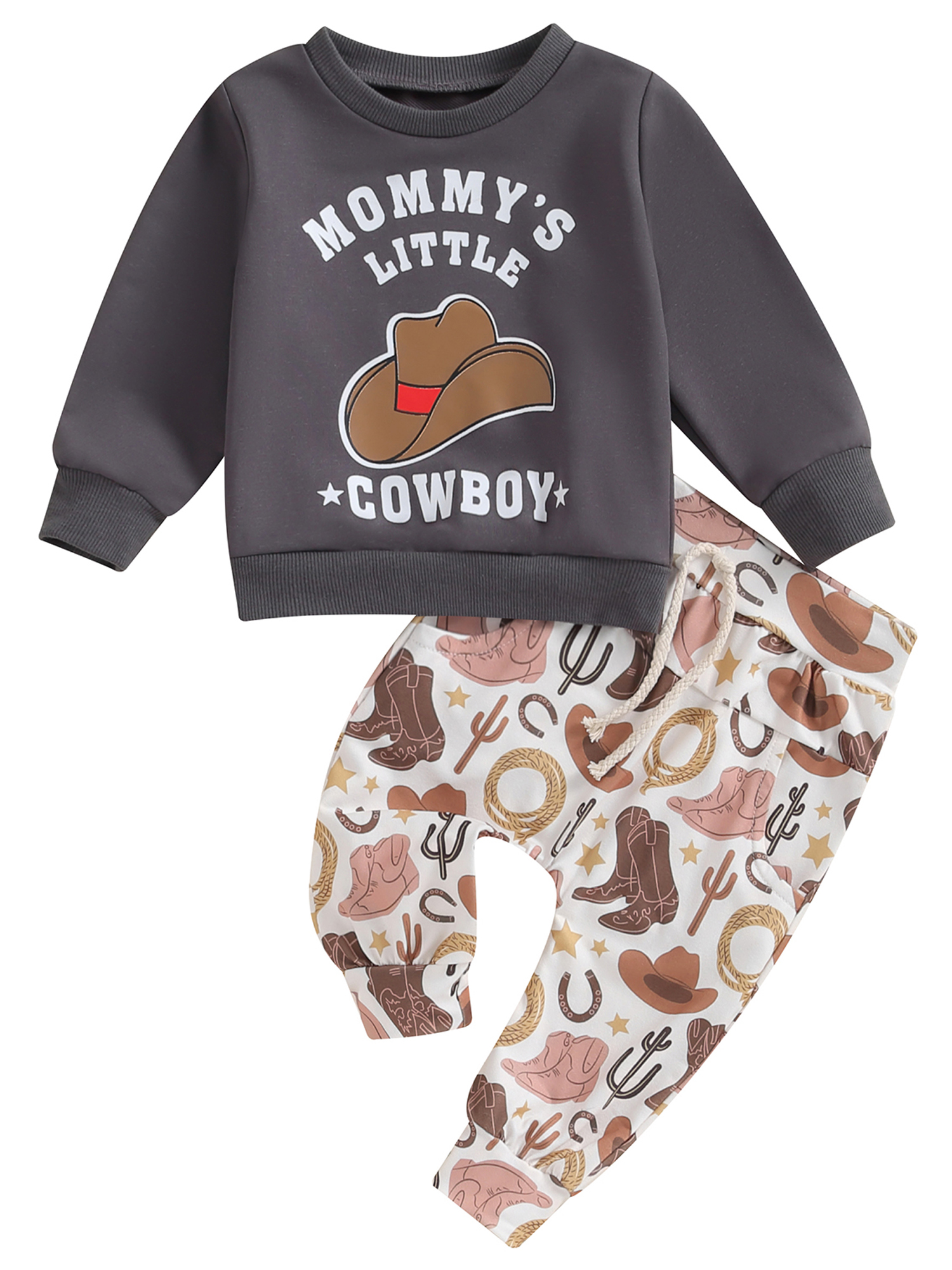 Mevireiy Western Toddler Baby Boy Outfits Cow Print Pullover Tops Drawstring Jogger Pants, Gray ...