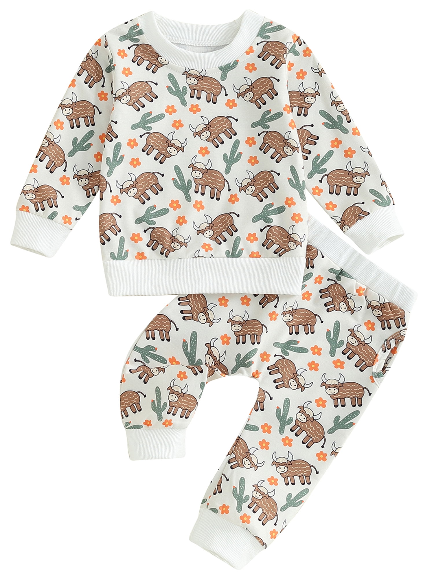 Mevireiy Western Toddler Baby Boy Outfits Cow Print Pullover Tops Drawstring Jogger Pants, White ...