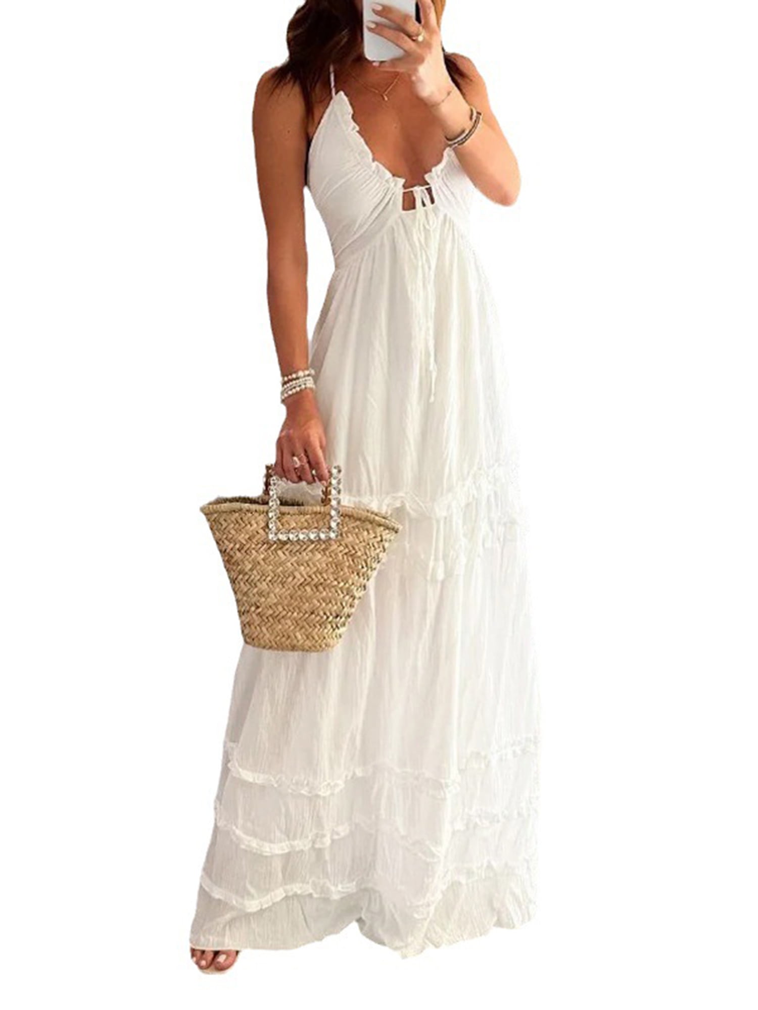 Mevireiy Women Backless Beach Dress Halter Elegant Low Cut Tie Back ...