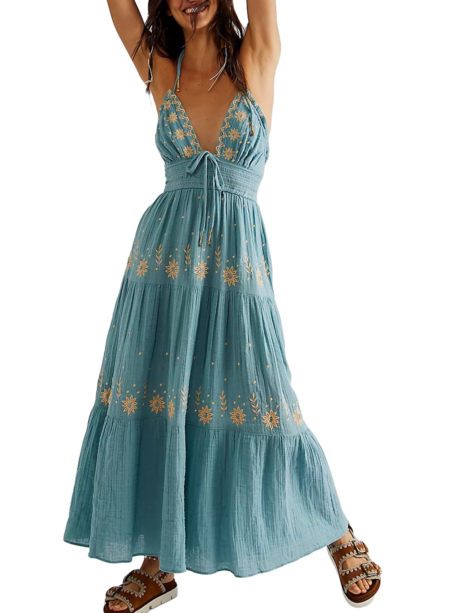 Mevireiy Women Boho Flowy Maxi Dress, Spaghetti Strap, Open Back ...
