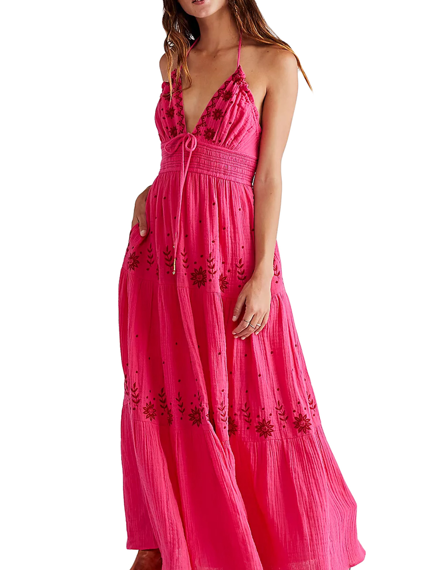 Mevireiy Women Boho Flowy Maxi Dress Spaghetti Strap Open Back Embroidered Tiered Summer Long ...