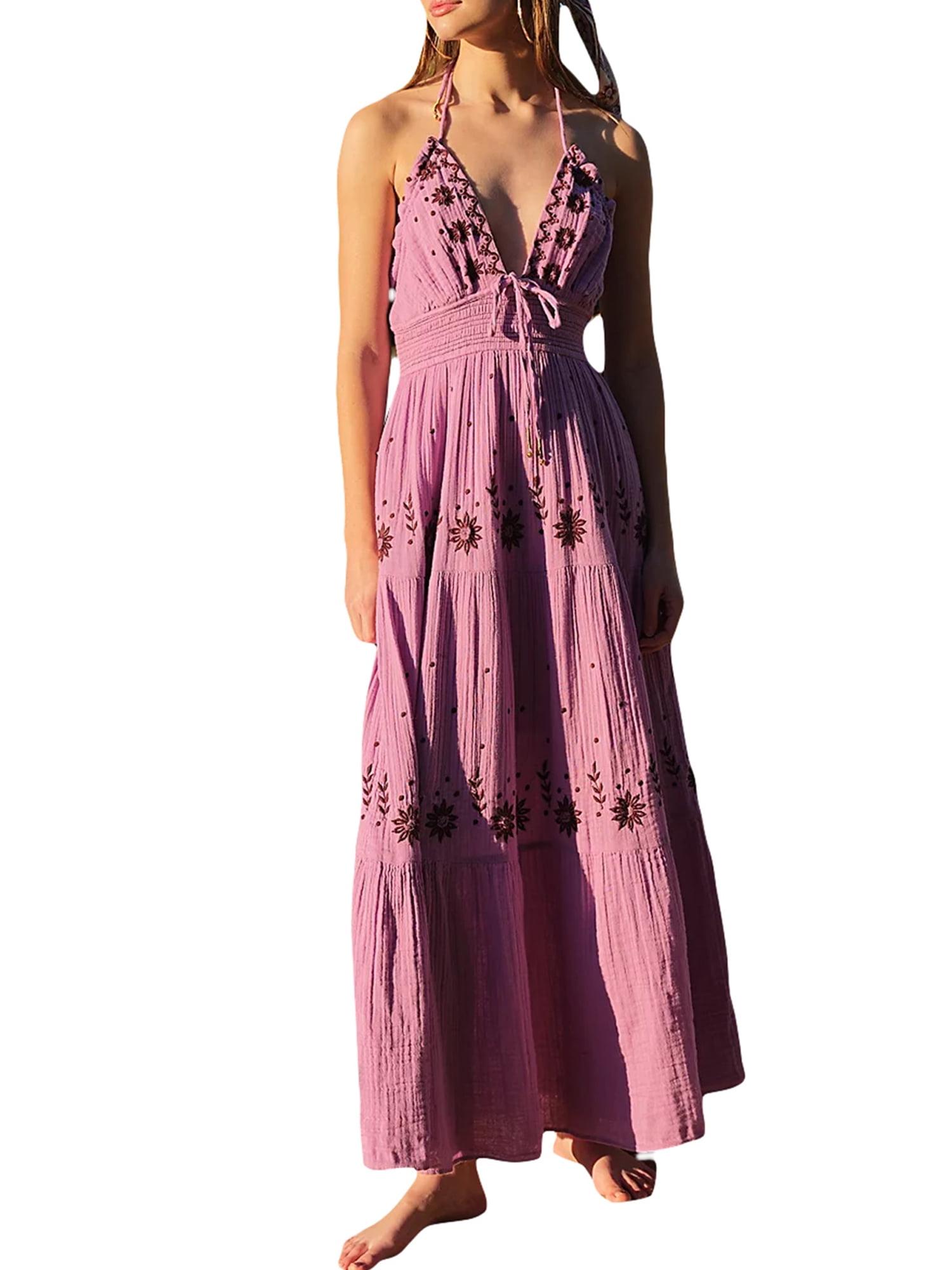 Mevireiy Women Boho Flowy Maxi Dress Spaghetti Strap Open Back Embroidered Tiered Summer Long ...