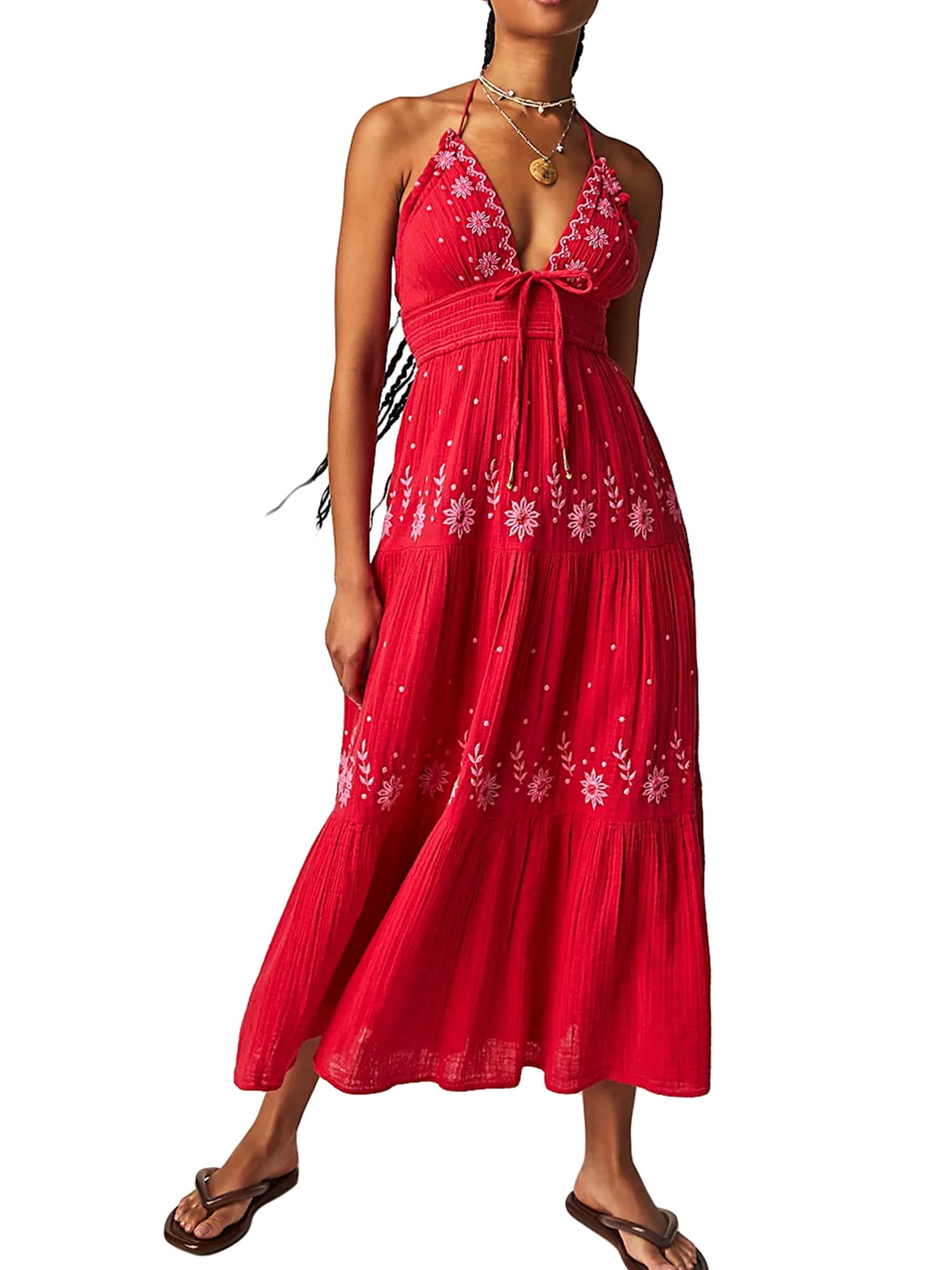 Mevireiy Women Boho Flowy Maxi Dress Spaghetti Strap Open Back Embroidered Tiered Summer Long