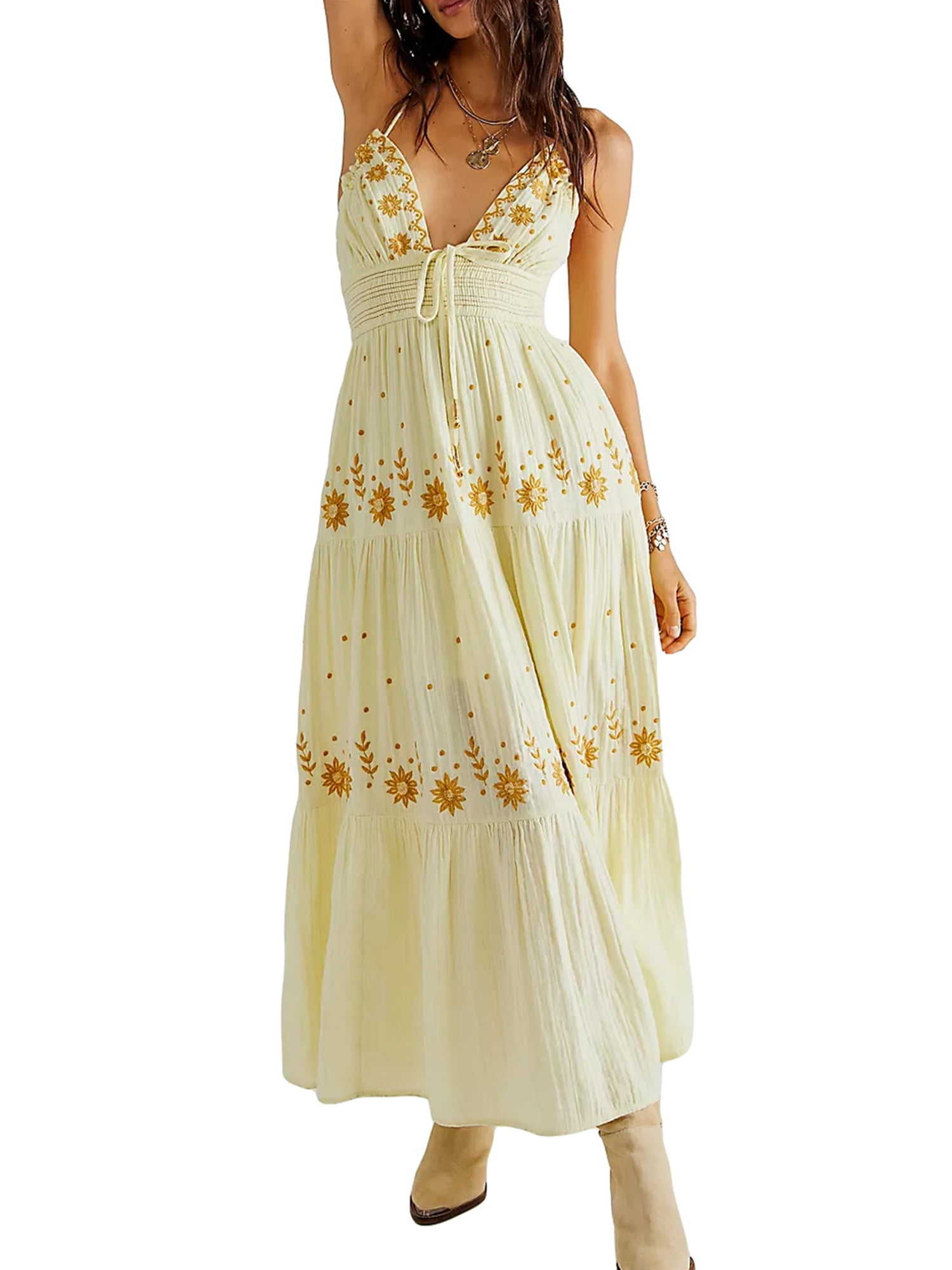 Mevireiy Women Boho Flowy Maxi Dress Spaghetti Strap Open Back Embroidered Tiered Summer Long ...