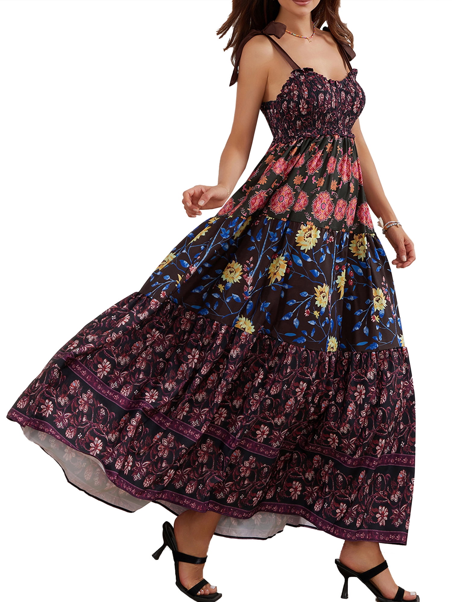 Mevireiy Women Y2K Flowy Smocked Maxi Dress Sleeveless Tie Shoulder ...