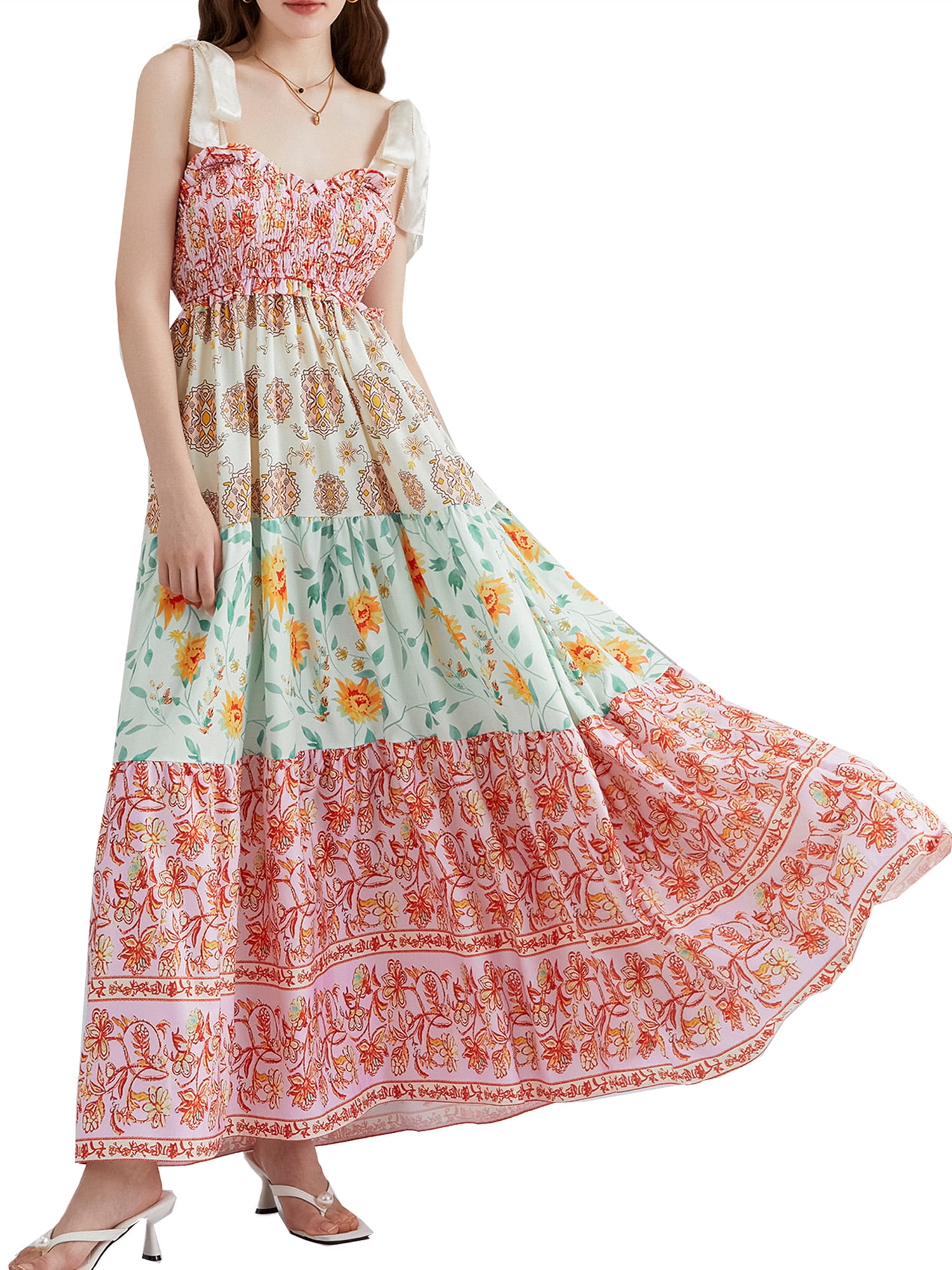 Mevireiy Women Y2K Flowy Smocked Maxi Dress Sleeveless Tie Shoulder ...