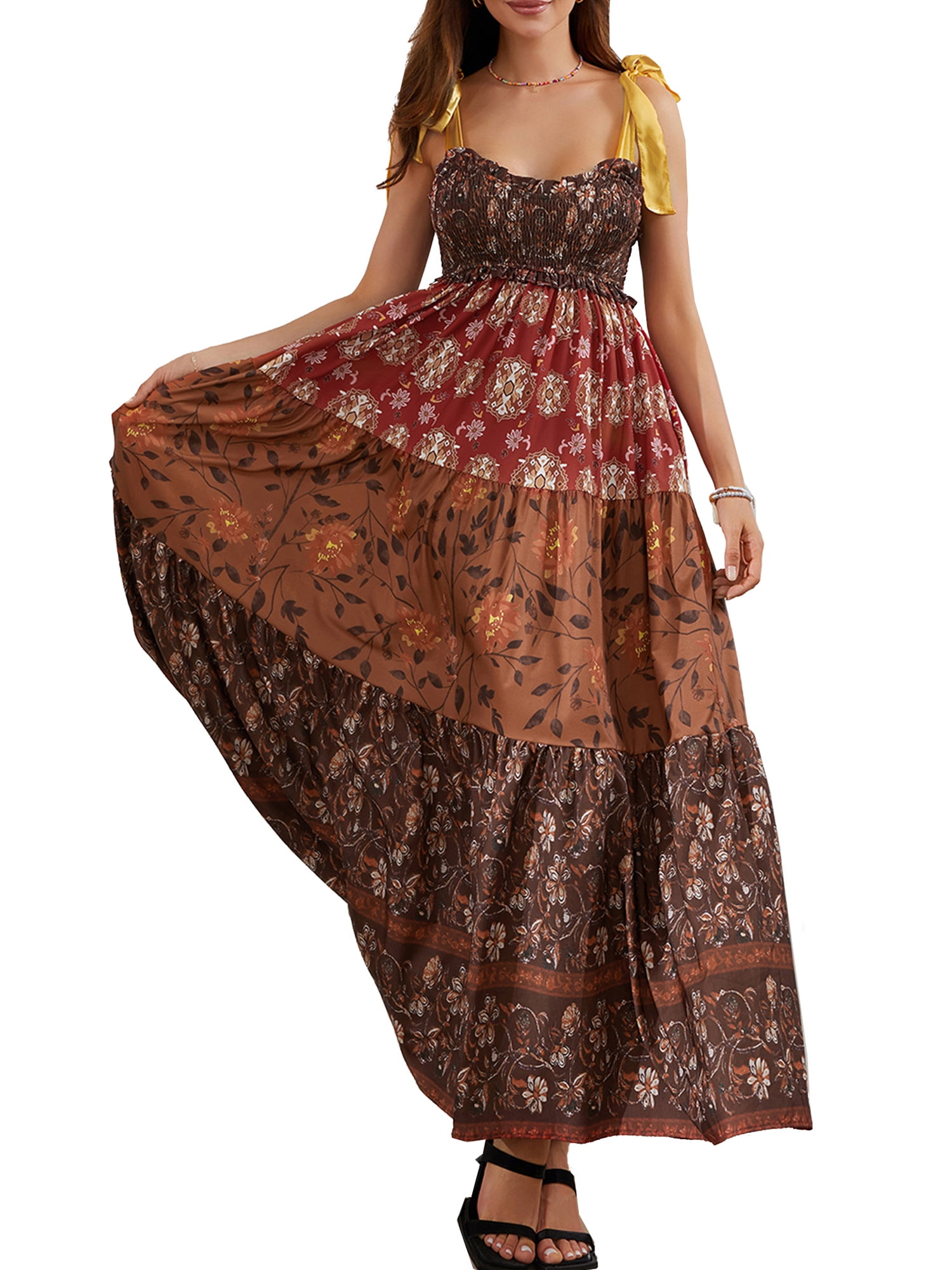 Mevireiy Women Y2K Flowy Smocked Maxi Dress Sleeveless Tie Shoulder ...