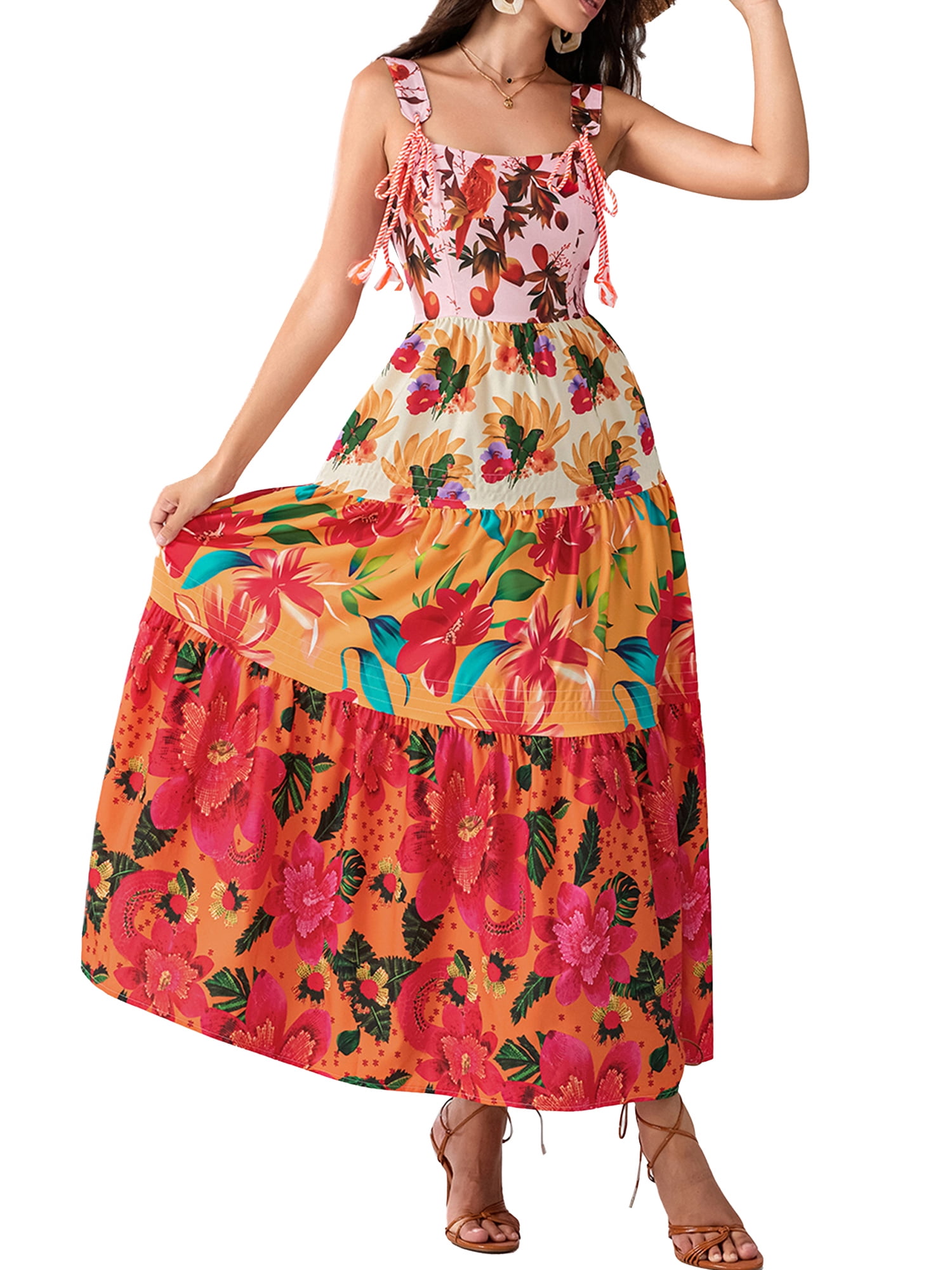 Mevireiy Women Y2K Flowy Smocked Maxi Dress Sleeveless Tie Shoulder ...