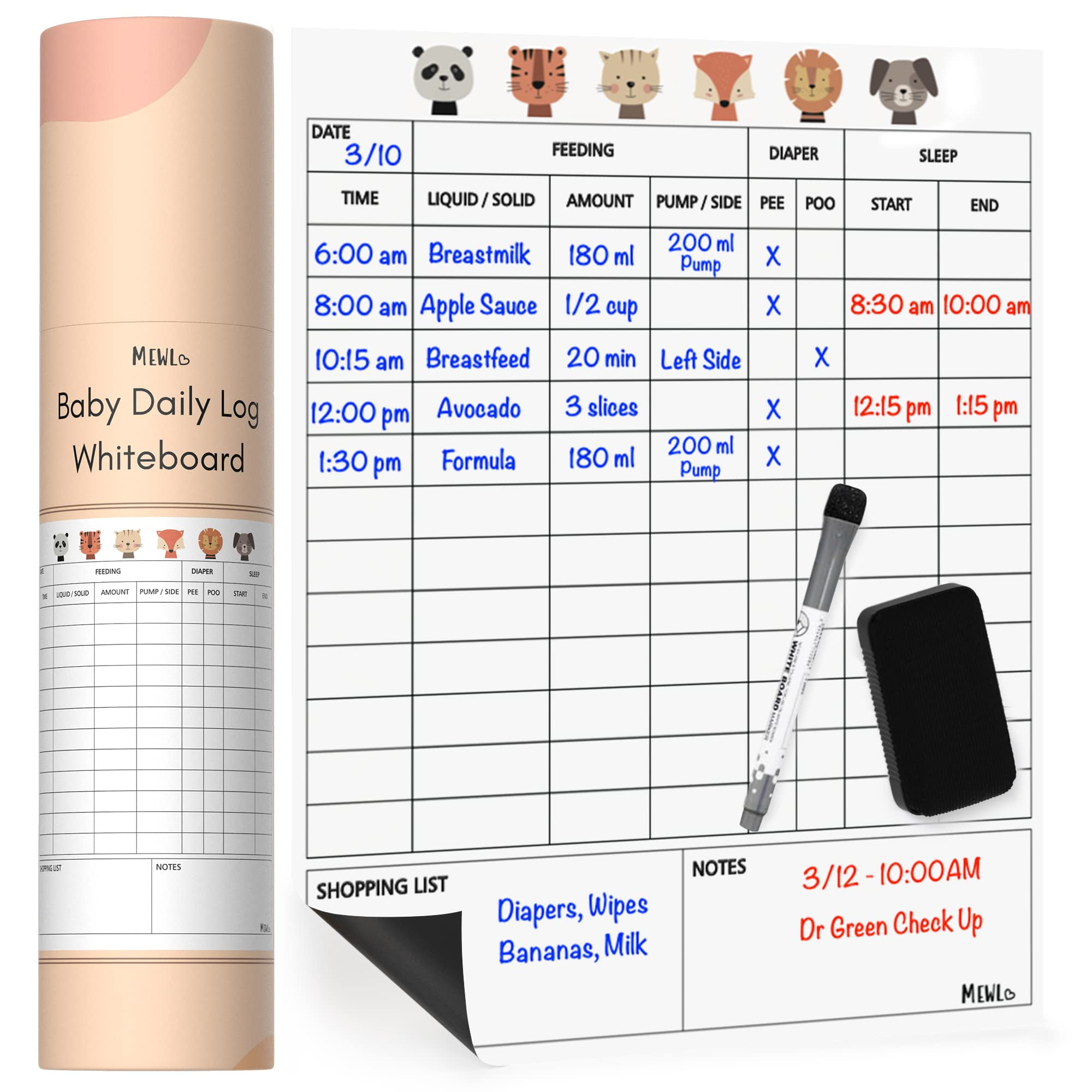 Mewl Baby Daily Log MMF7 Whiteboard - Reusable Baby Tracker to Log ...