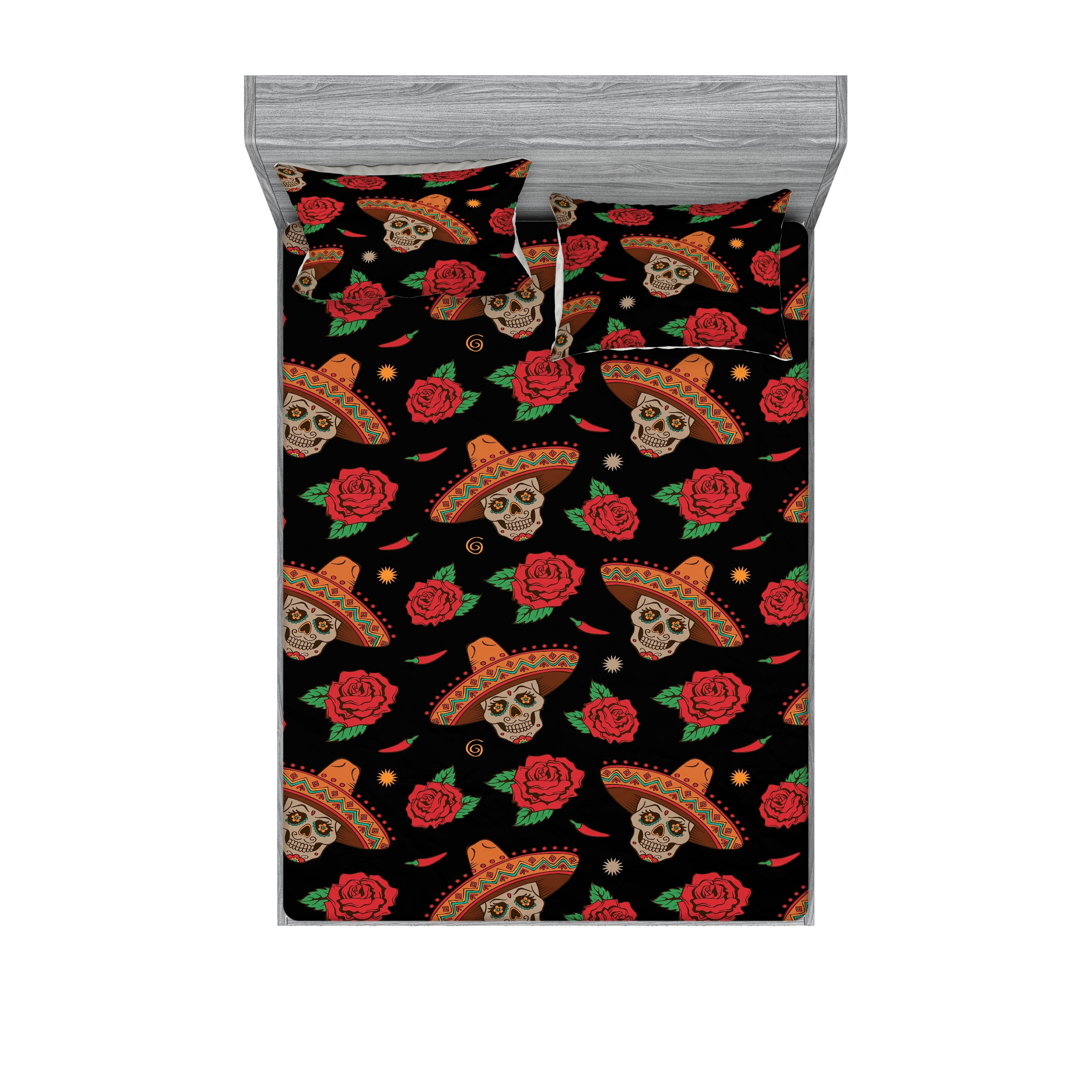 Mexican Art Fitted Sheet & Pillow Sham Set, American Traditional Skull ...