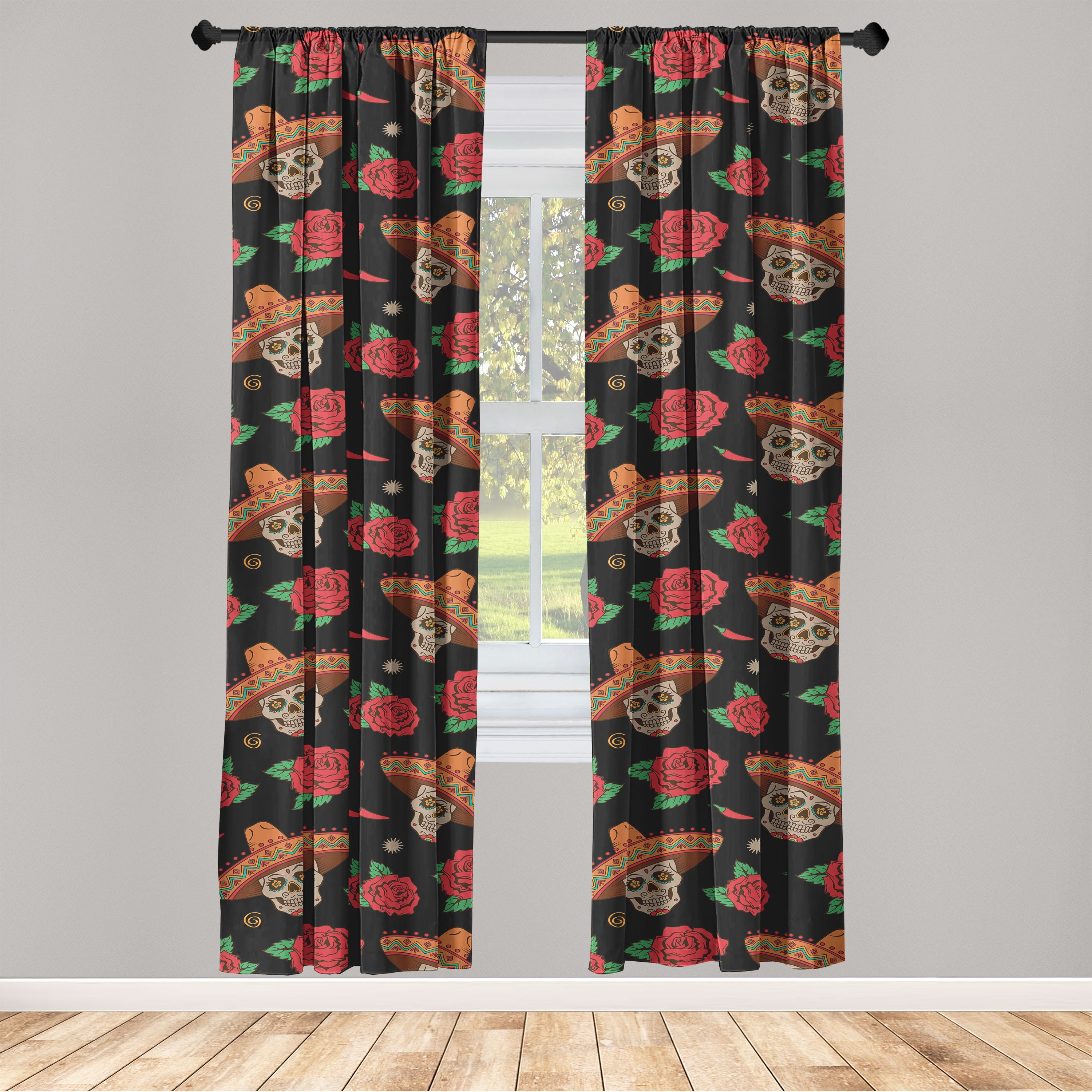 Mexican Art Window Curtains, American Traditional Skull With Round Hat ...