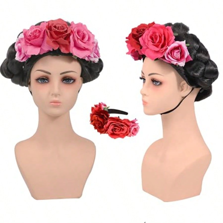 Mexican Artist Floral Braided Updo Bun Wig Black Braided Wig Flower ...