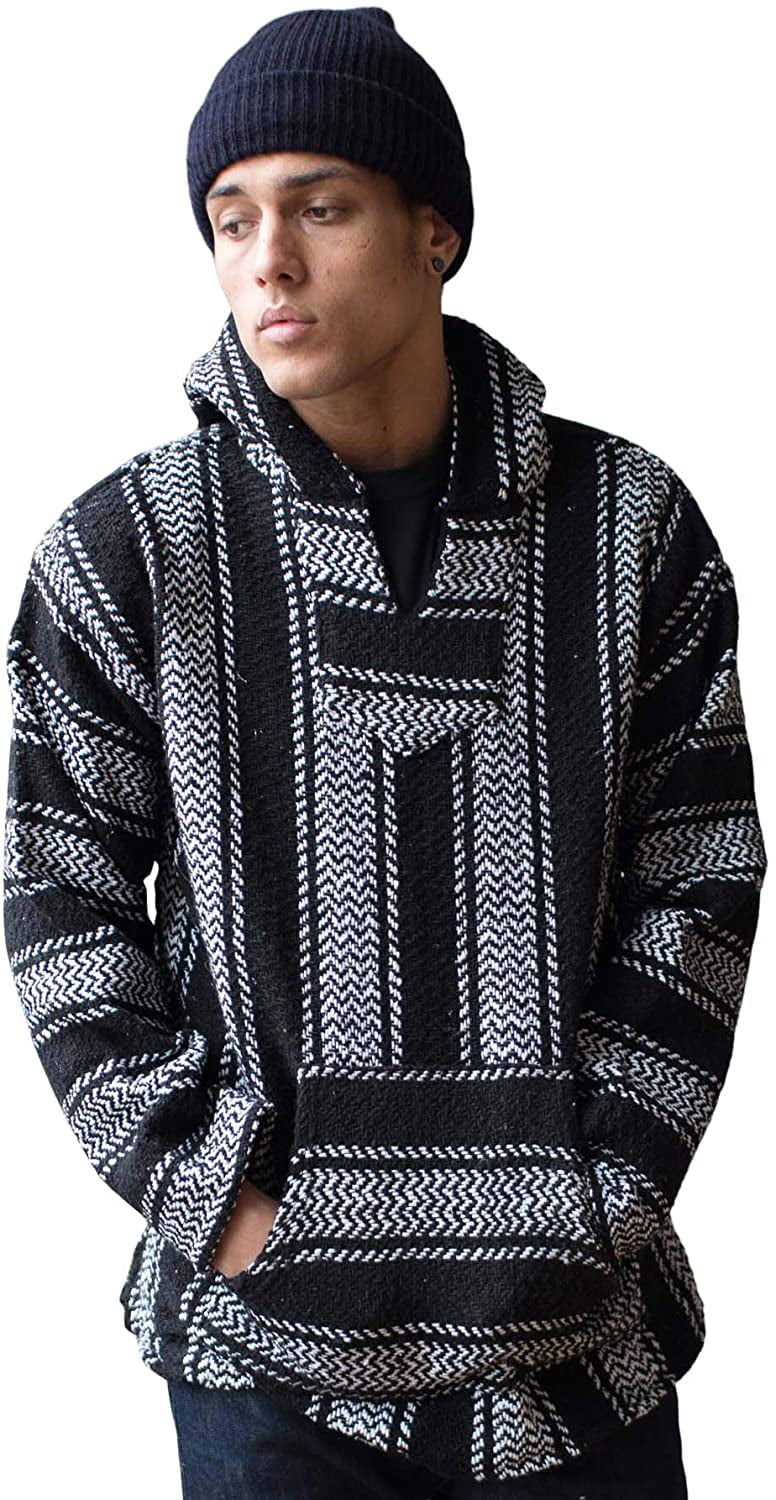 Mexican Baja Hoodie Sweater Jerga Pullover Black White X-Large ...