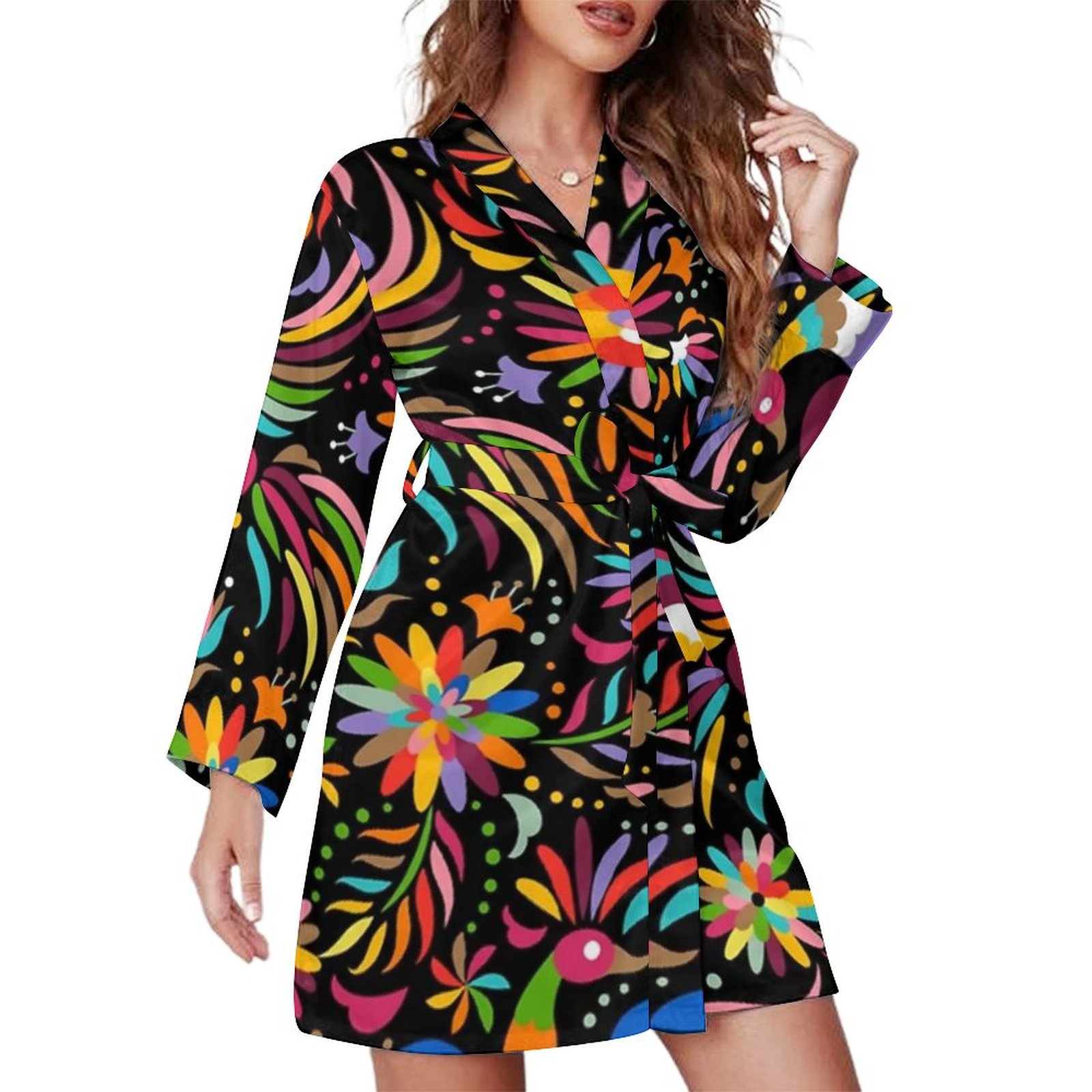 Mexican Black Pattern Night Robe Long Sleeve V Neck Robe With Belt ...