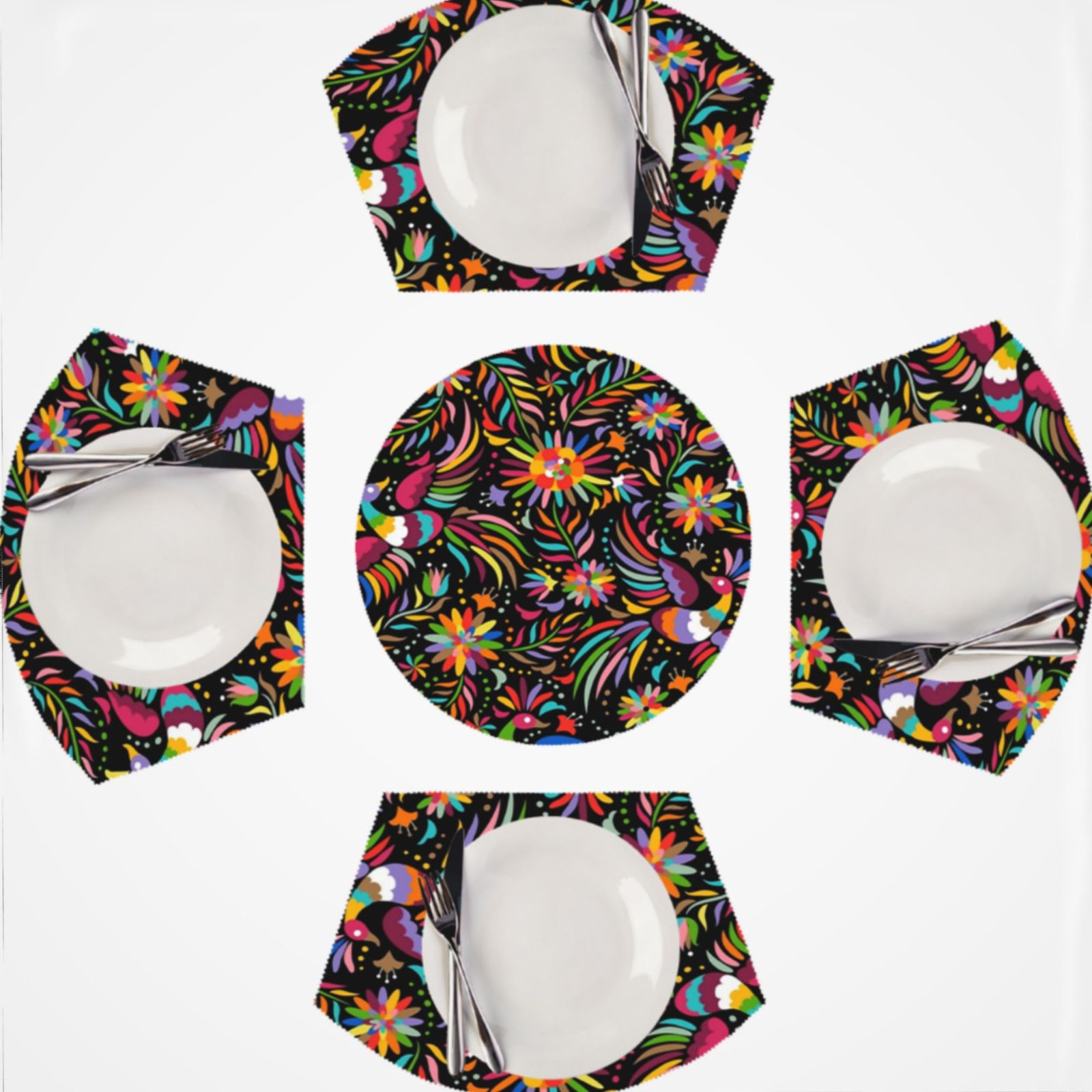 Mexican Black Pattern Round Table Placemats Set Of 5 Wedge Table Mats ...