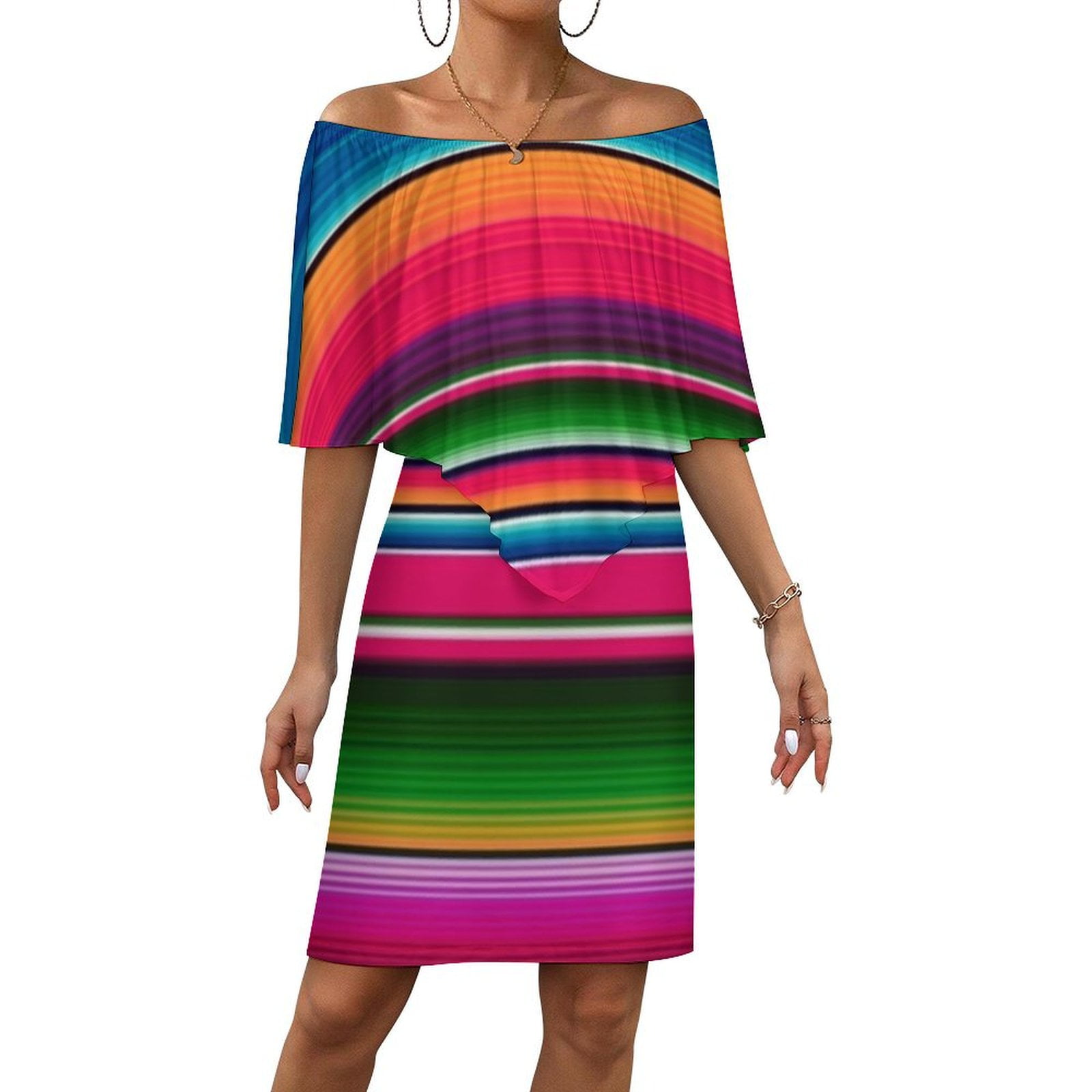 Mexican Blanket Striped Fiesta Serape Women's Off The Shoulder Ruffles ...