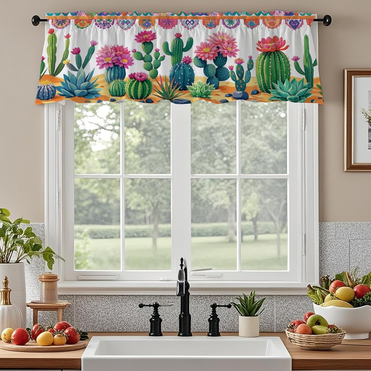 Mexican Cactus Kitchen Valance Curtains Window BIoho Flower Green ...