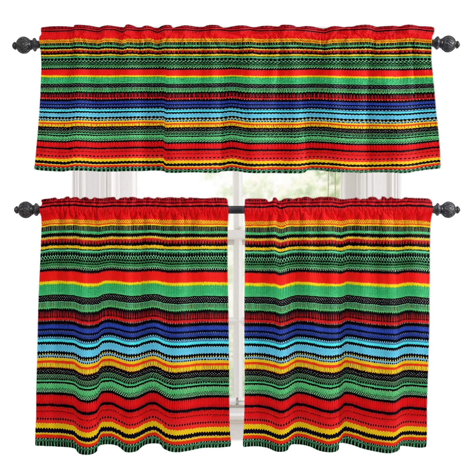 Mexican Colorful Kitchen Curtains Valance and Tier Set Stripes ...