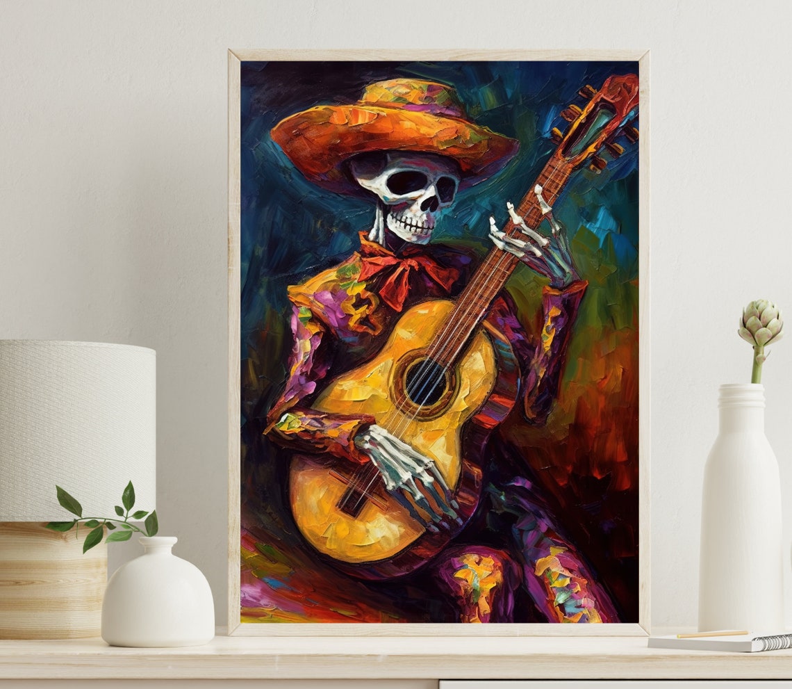 Mexican Cowboy Skeleton Guitarist Art Print Mariachi Guitarist Latino ...