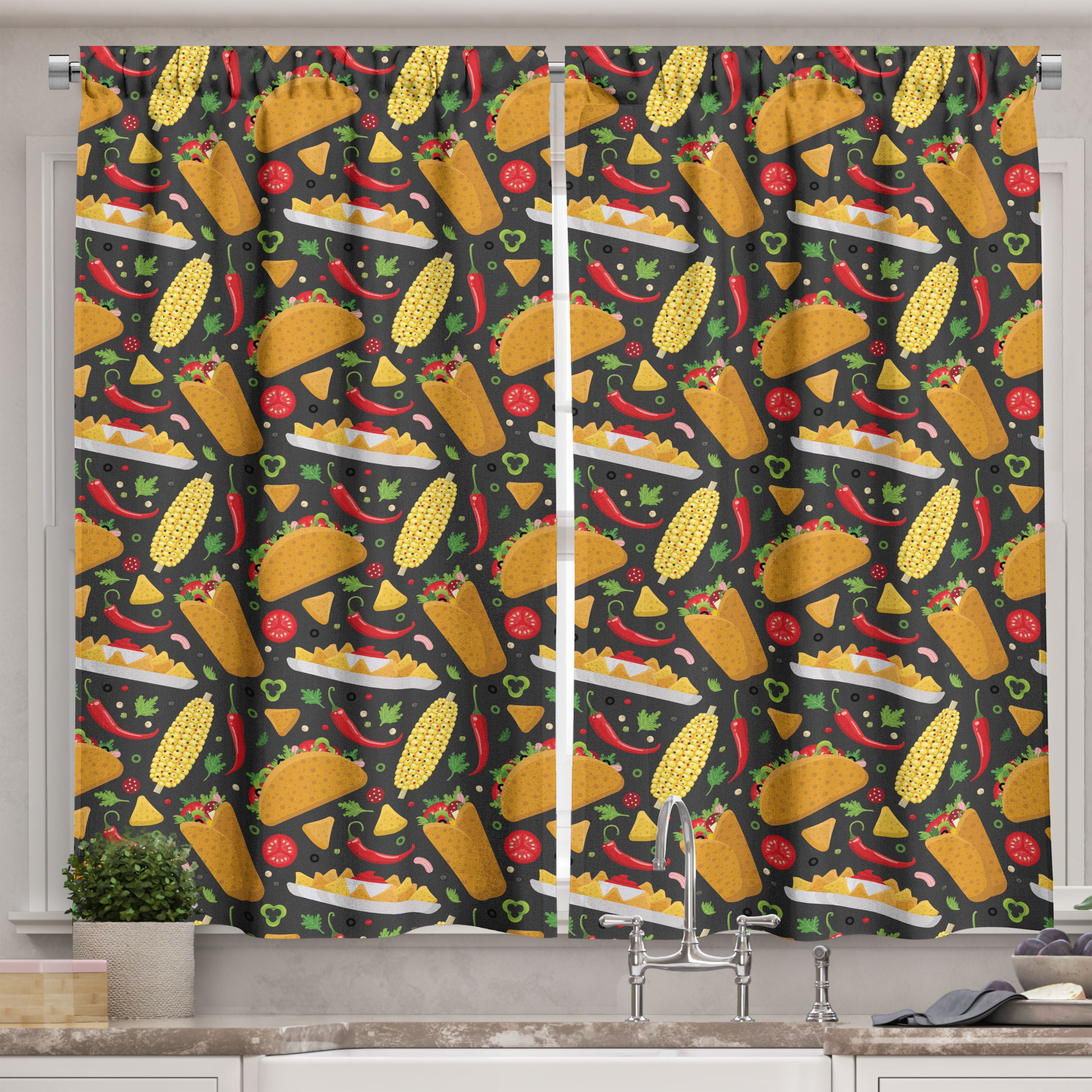 Mexican Curtains 2 Panels Set, Latin Dish with Tortilla Tacos Corns ...