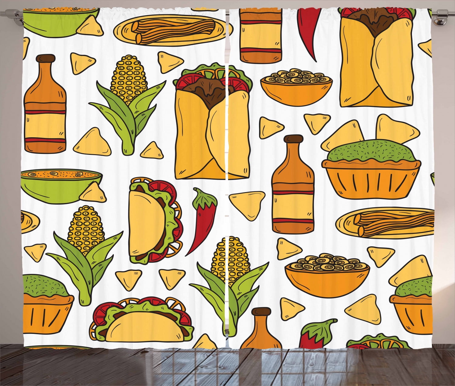 Ambesonne Mexican Curtains 2 Panel Set, Latin Food Chili Taste Taco ...