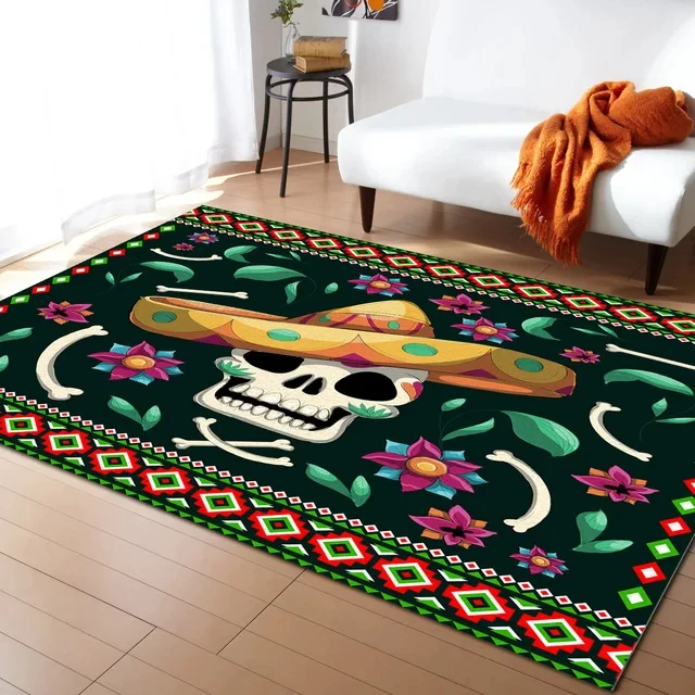 Mexican Day of The Dead Skeleton Flowers Rug Sugar Skulls Carpet for ...