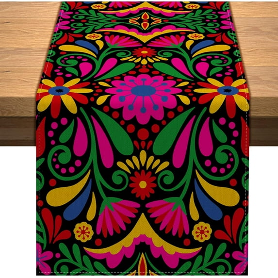 Mexican Dia De Los Muertos Linen Table Runner Mexico Let's Fiesta Party ...