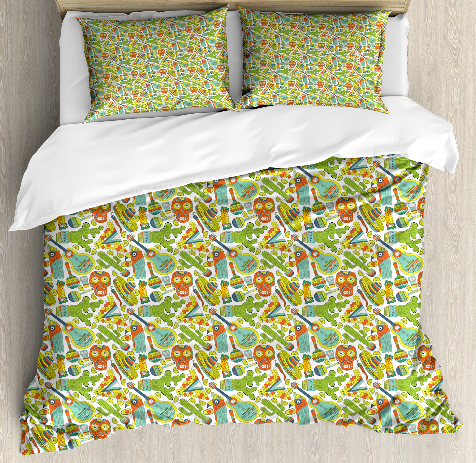 Mexican Duvet Cover Set, Traditional Elements Cartoon Maracas Taco ...