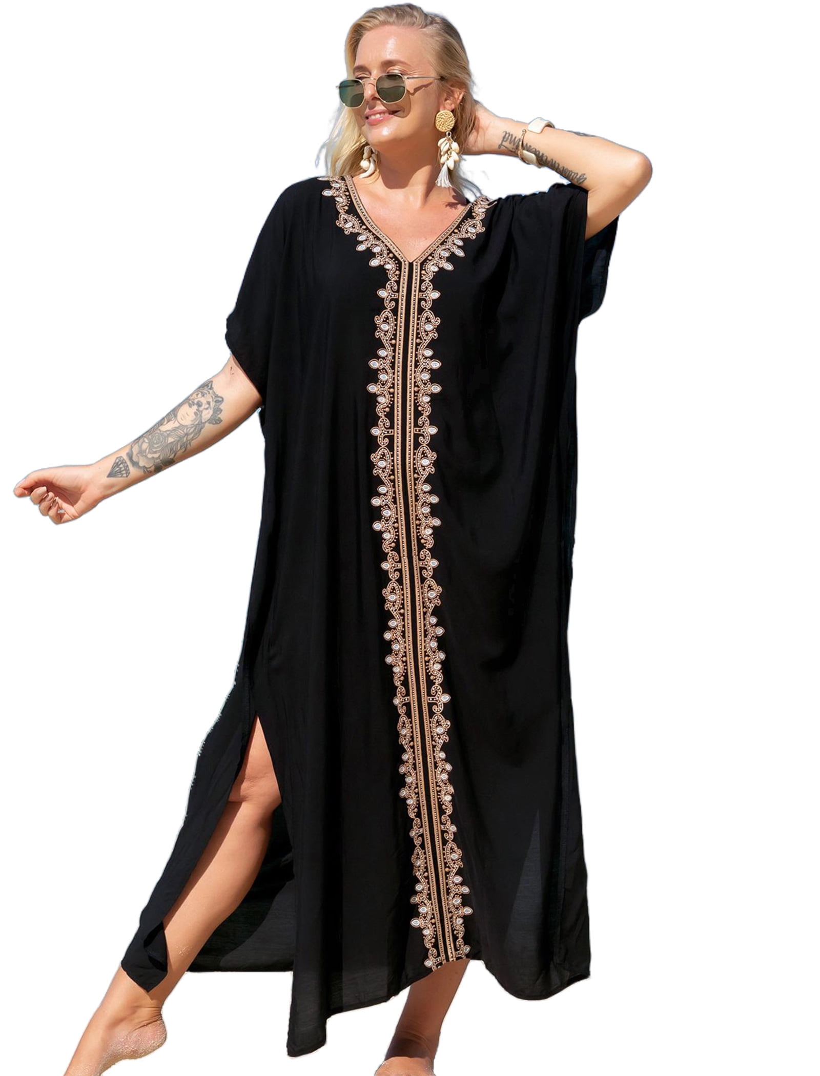 Mexican Embroidered Kaftan Dresses for Women Batwing Sleeve Caftan ...