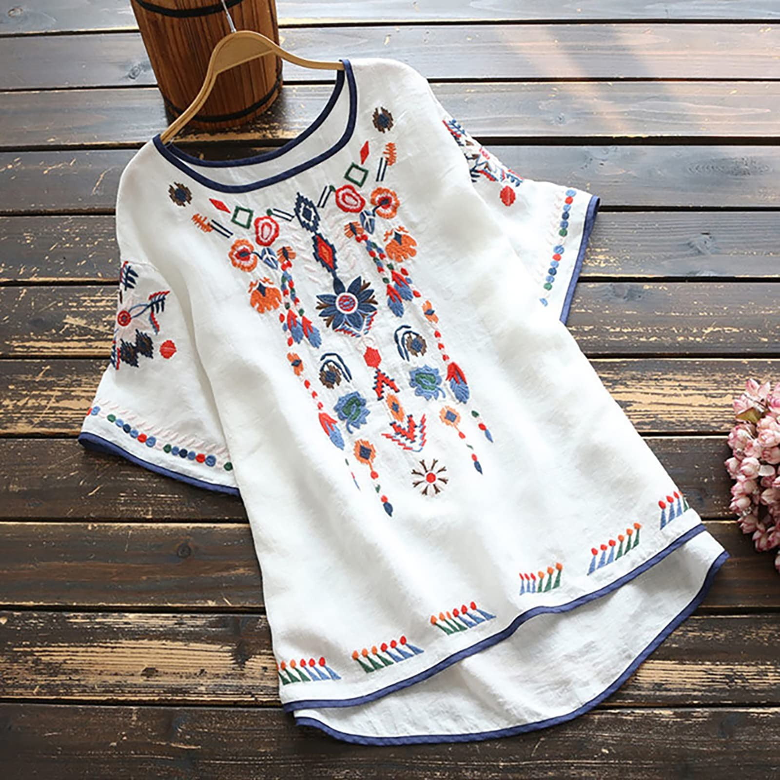 Mexican Embroidered Shirts for Women Boho Tops and Blouses Short Sleeve ...