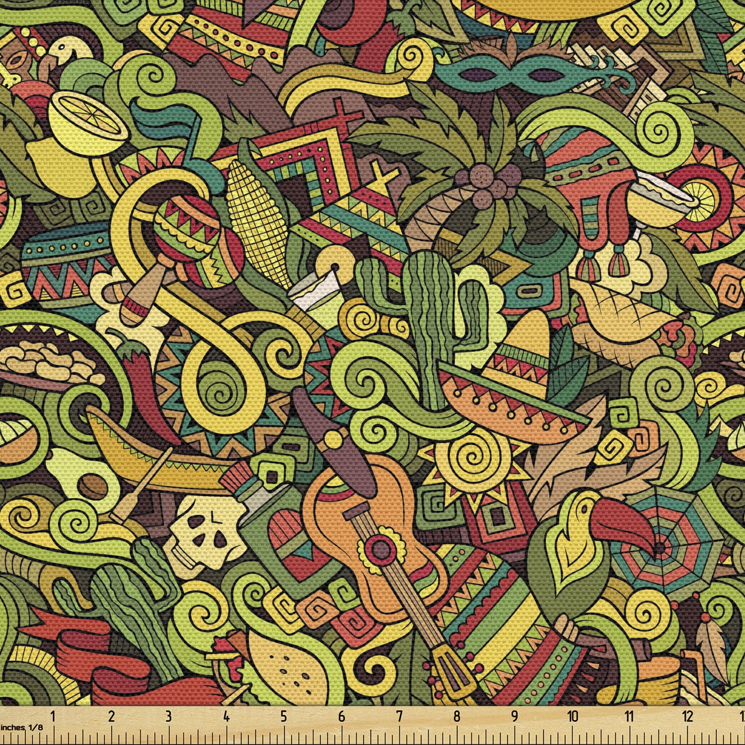 Mexican Fabric by the Yard, Cartoon Hand Drawn Style Doodles Latin ...