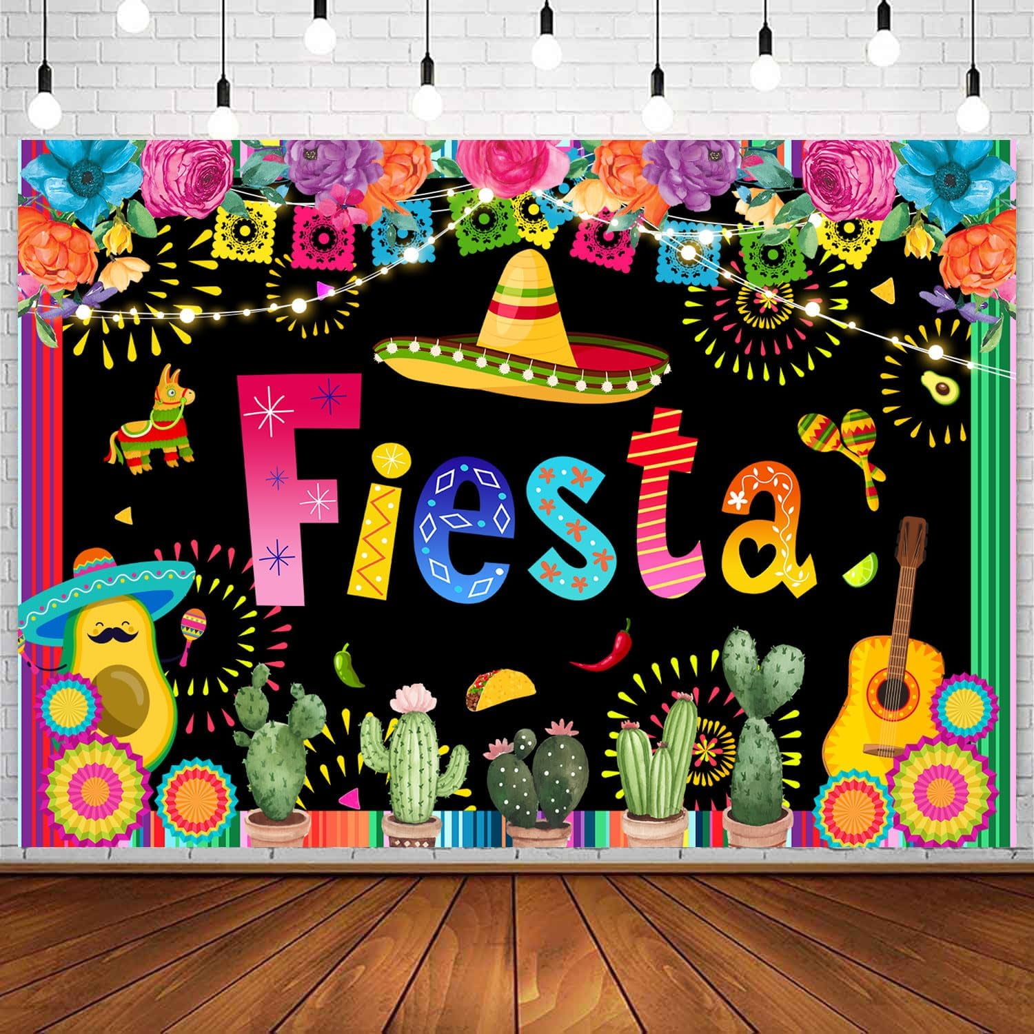 Mexican Fiesta Backdrop Cactus Floral Stripes Flags Birthday ...