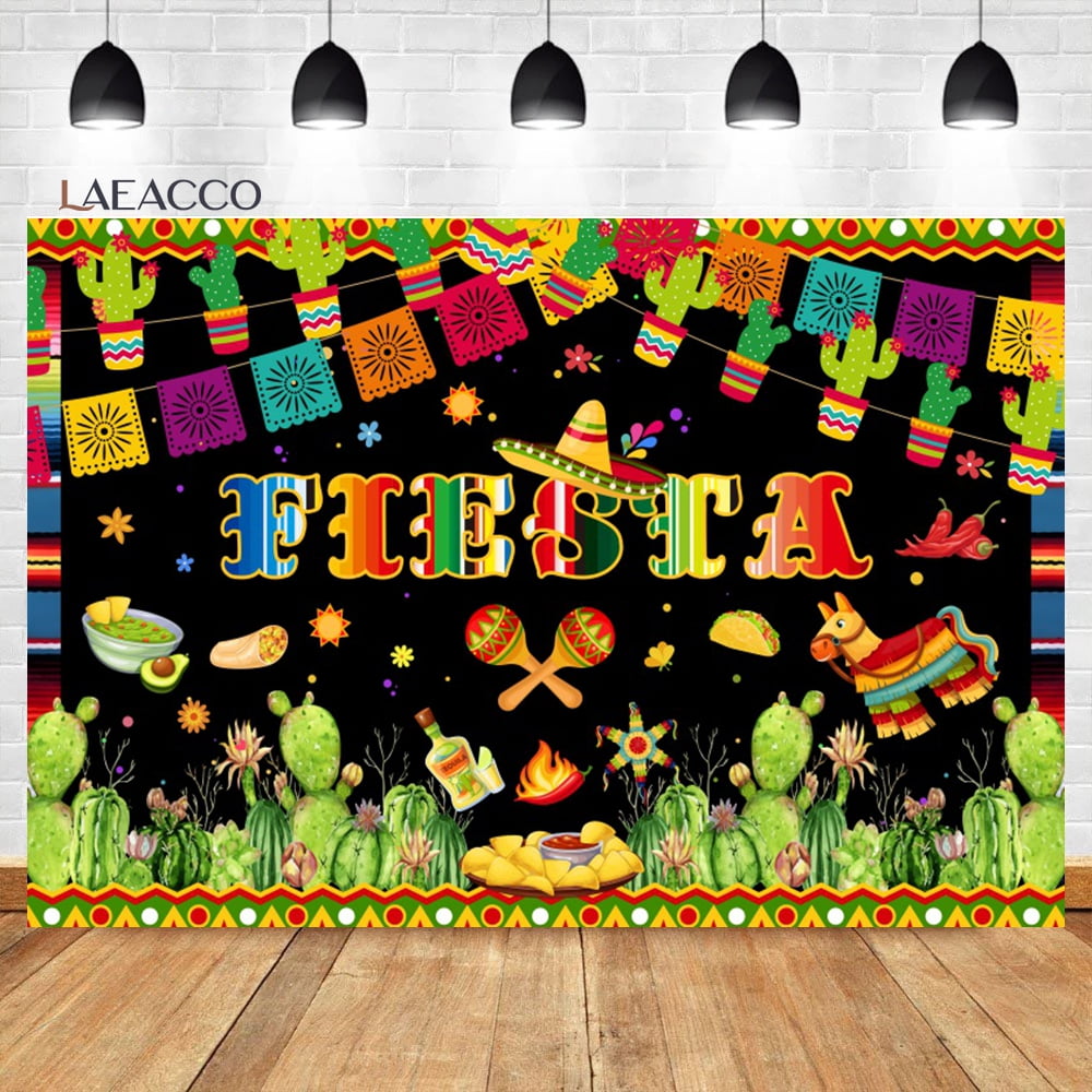 Mexican Fiesta Cinco De Mayo Birthday Backdrop Cactus Guitar Colorful ...