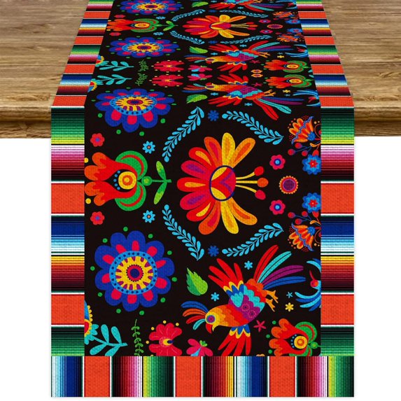 Mexican Fiesta Linen Table Runner Cinco De Mayo Dia De Los Muertos ...