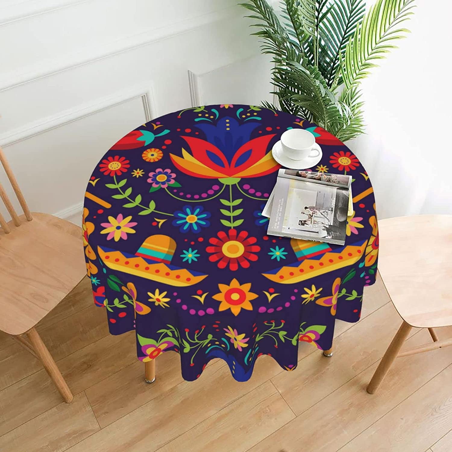 Mexican Floral Tablecloth Round Table Cover Washable Polyester Table ...