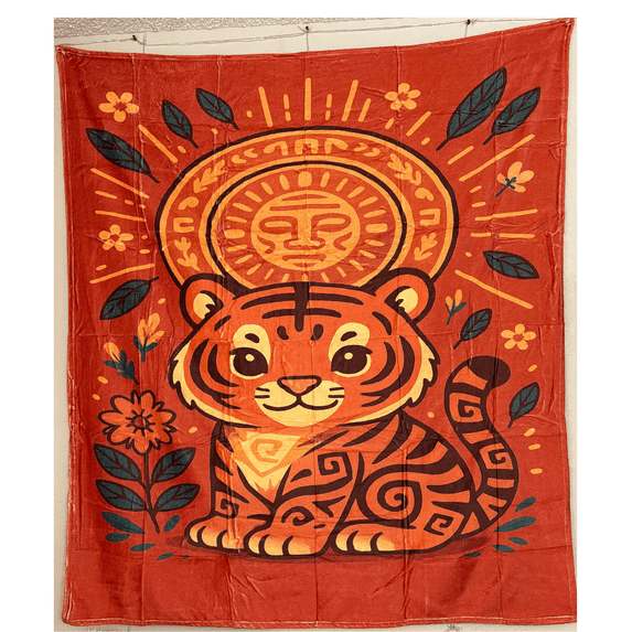 Mexican Folk Art Tiger Blanket – Soft Fleece blanket with Aztec Sun ...