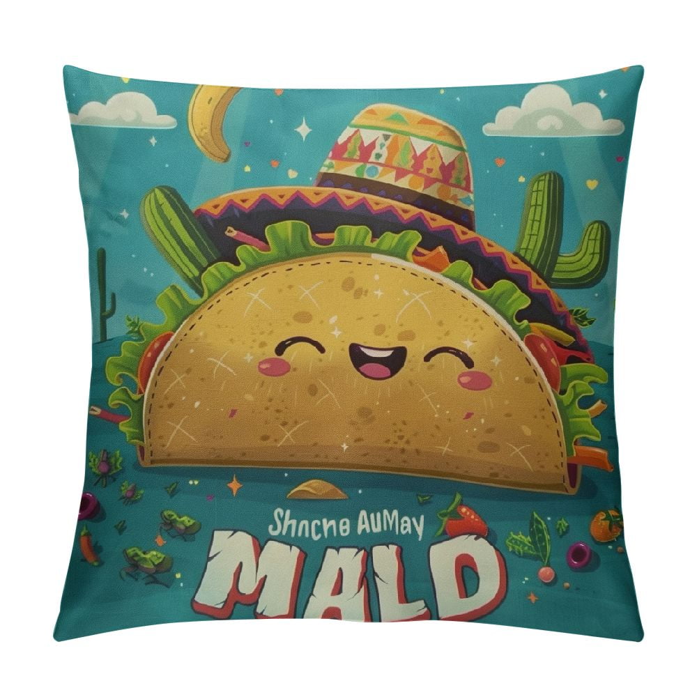 Mexican Food Taco Throw Pillow Cover Cute Funny Cartoon Tortilla Happy ...