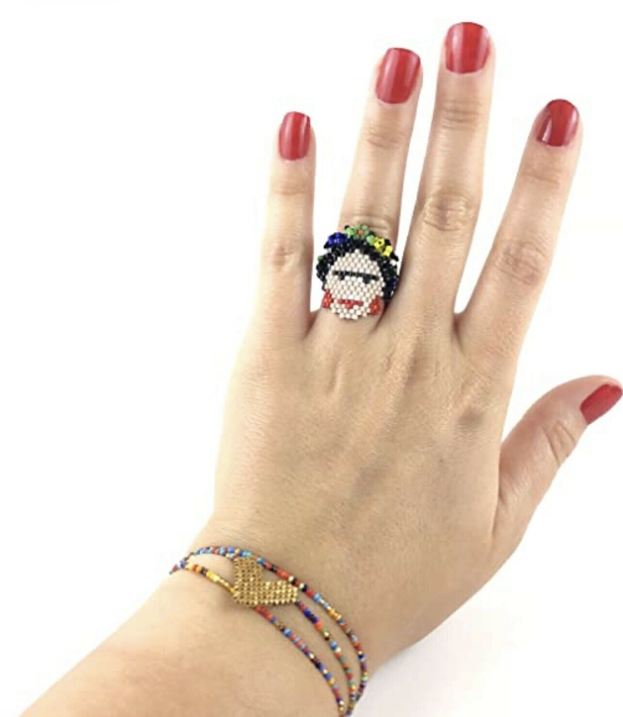 Mexican Frida Kahlo Ivory Ring Crystal Glass Hand Beaded New FrmUSA ...