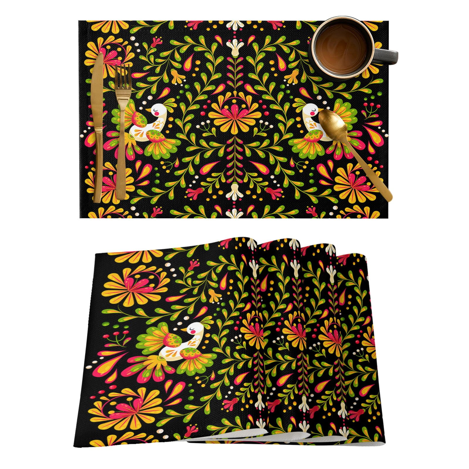 Mexican Geometric Flower Birds Placemat for Dining Table Tableware Mats Kitchen Dish Mat Pad ...