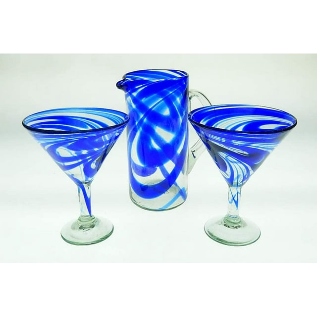 Mexican Glass Margaritamartini Blue Swirl With Matching Pitcher Set Of 3