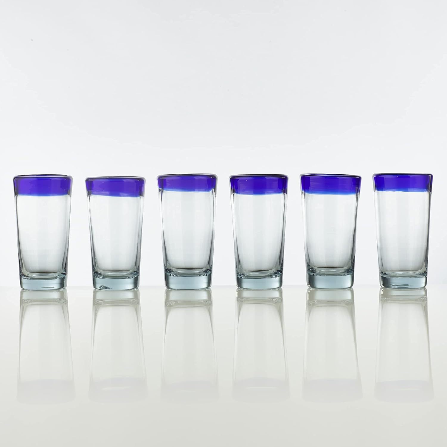 Mexican Glassware Thick-Rim Shot Glass Set, Cobalt Blue Rim, 3.75 Oz ...