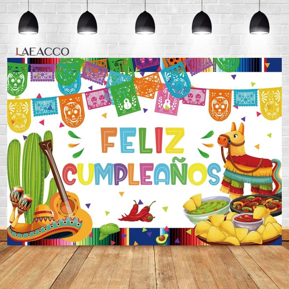 Mexican Happy Birthday Backdrop Colorful Flags Floral Cactus Fiesta ...