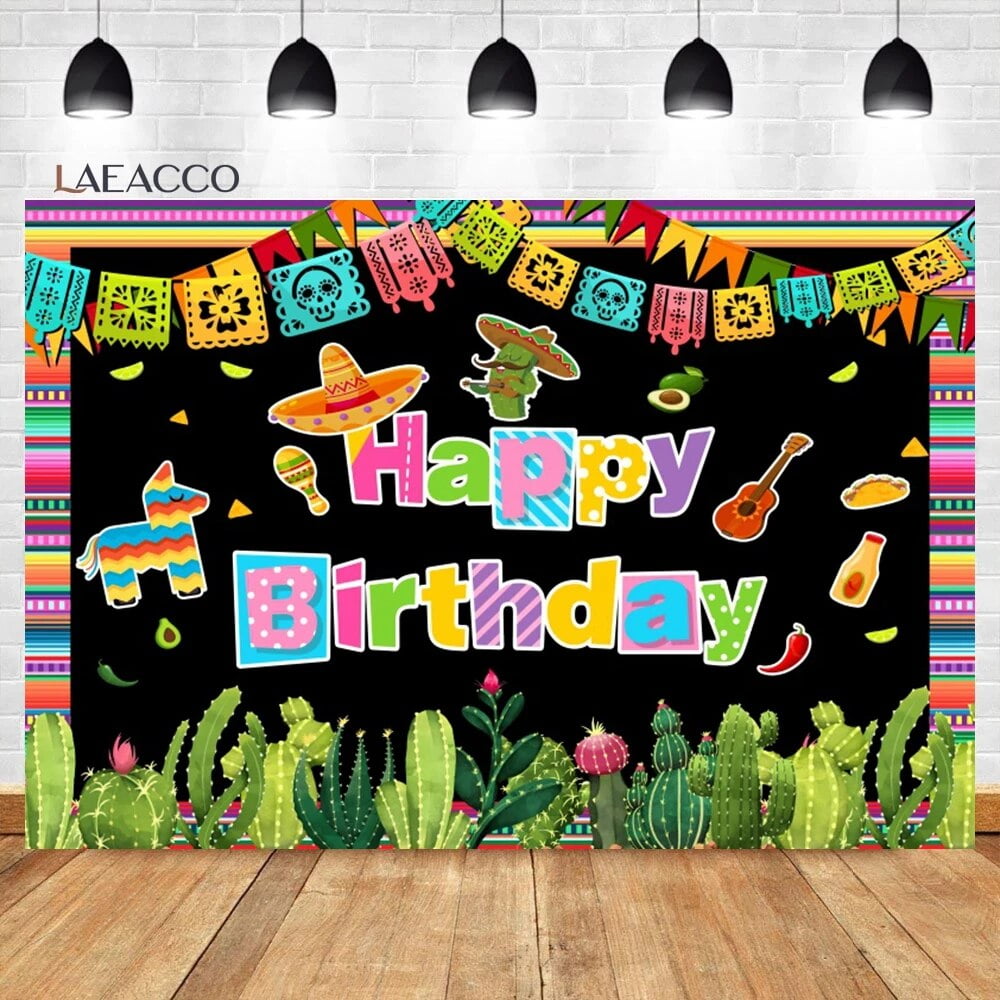 Mexican Happy Birthday Backdrop Colorful Flags Floral Cactus Fiesta ...