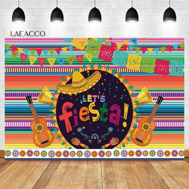 Mexican Happy Birthday Backdrop Colorful Flags Floral Cactus Fiesta ...